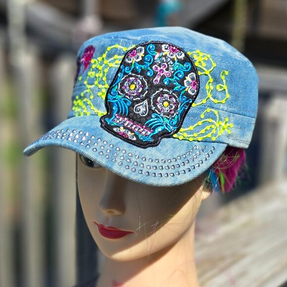 Crown | Accessories | Ladies Blue Denim Suagr Skull Bling Hat New ...